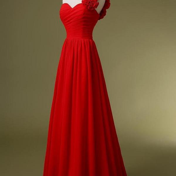 Gorgeous Red Chiffon Handmade One Shoulder Floor Length Prom Dresses ...