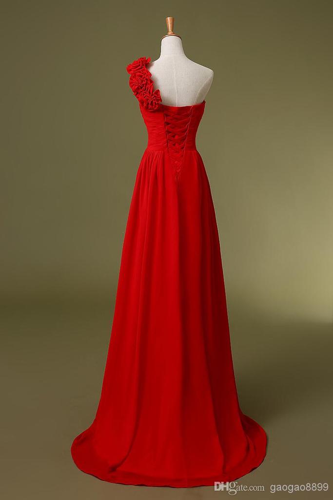 Gorgeous Red Chiffon Handmade One Shoulder Floor Length Prom Dresses ...